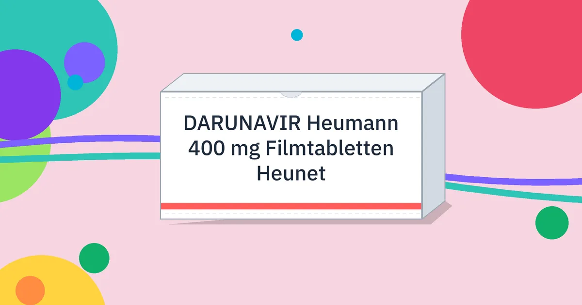 Symbolbild: Packung mit der Aufschrift DARUNAVIR Heumann 400 mg Filmtabletten Heunet (PZN 17591979) – Verfügbarkeit und Bezug in Apotheken in Frankfurt am Main