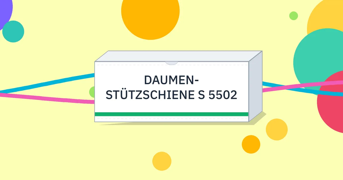 Symbolbild: Packung mit der Aufschrift DAUMEN-STÜTZSCHIENE S 5502 (PZN 19070150) – Verfügbarkeit und Bezug in Apotheken in Frankfurt am Main