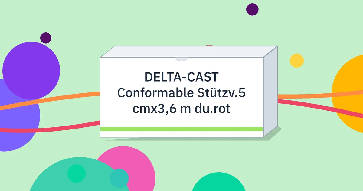 Symbolbild: Packung mit der Aufschrift DELTA-CAST Conformable Stützv.5 cmx3,6 m du.rot (PZN 01426899) – Verfügbarkeit und Bezug in Apotheken in Frankfurt am Main
