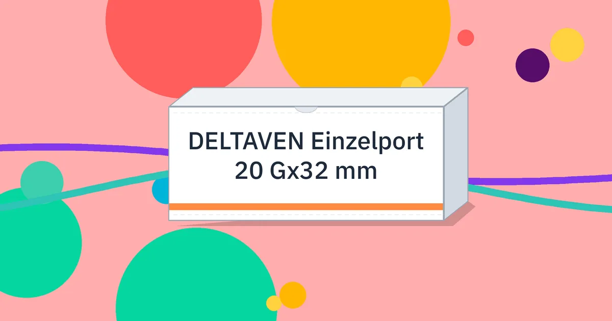 Symbolbild: Packung mit der Aufschrift DELTAVEN Einzelport 20 Gx32 mm (PZN 20365198) – Verfügbarkeit und Bezug in Apotheken in Frankfurt am Main