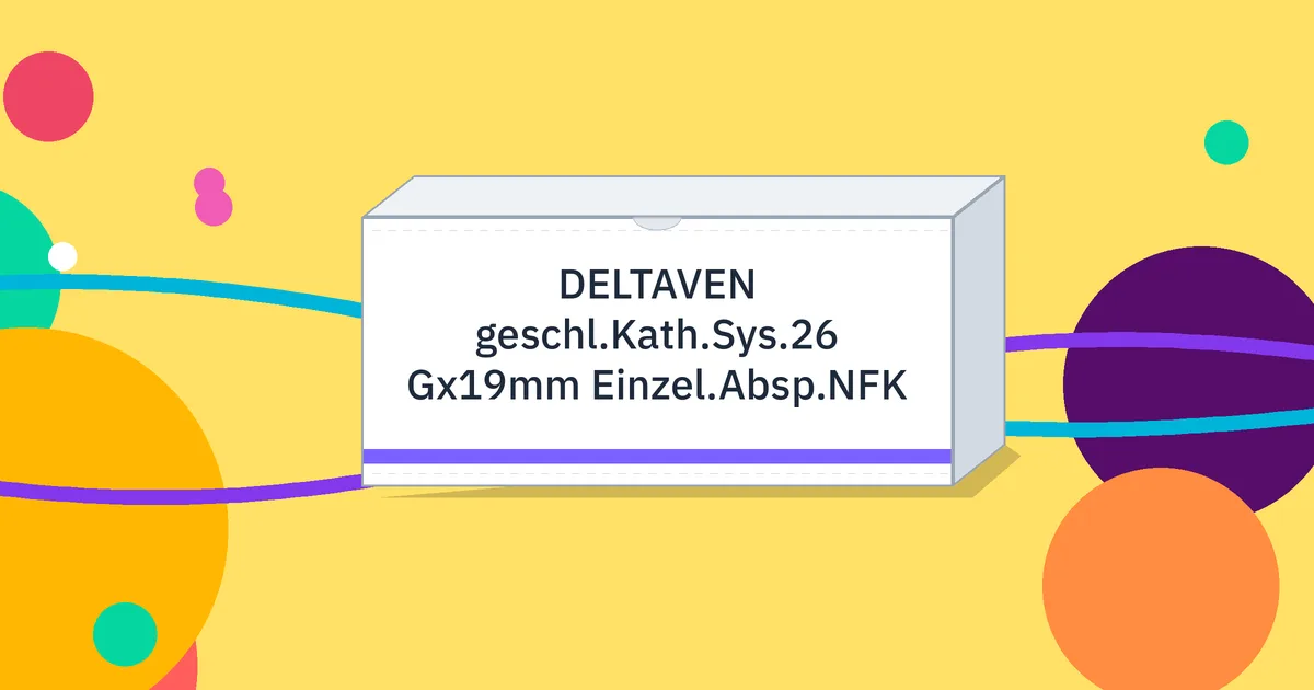 Symbolbild: Packung mit der Aufschrift DELTAVEN geschl.Kath.Sys.26 Gx19mm Einzel.Absp.NFK (PZN 13977280) – Verfügbarkeit und Bezug in Apotheken in Frankfurt am Main