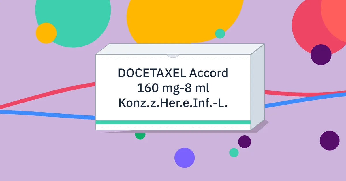 Symbolbild: Packung mit der Aufschrift DOCETAXEL Accord 160 mg-8 ml Konz.z.Her.e.Inf.-L. (PZN 19485425) – Verfügbarkeit und Bezug in Apotheken in Frankfurt am Main