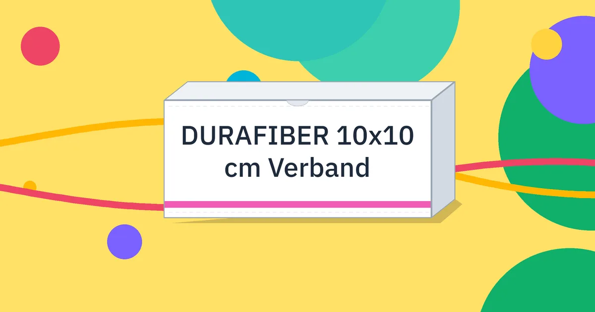 Symbolbild: Packung mit der Aufschrift DURAFIBER 10x10 cm Verband (PZN 14358745) – Verfügbarkeit und Bezug in Apotheken in Frankfurt am Main