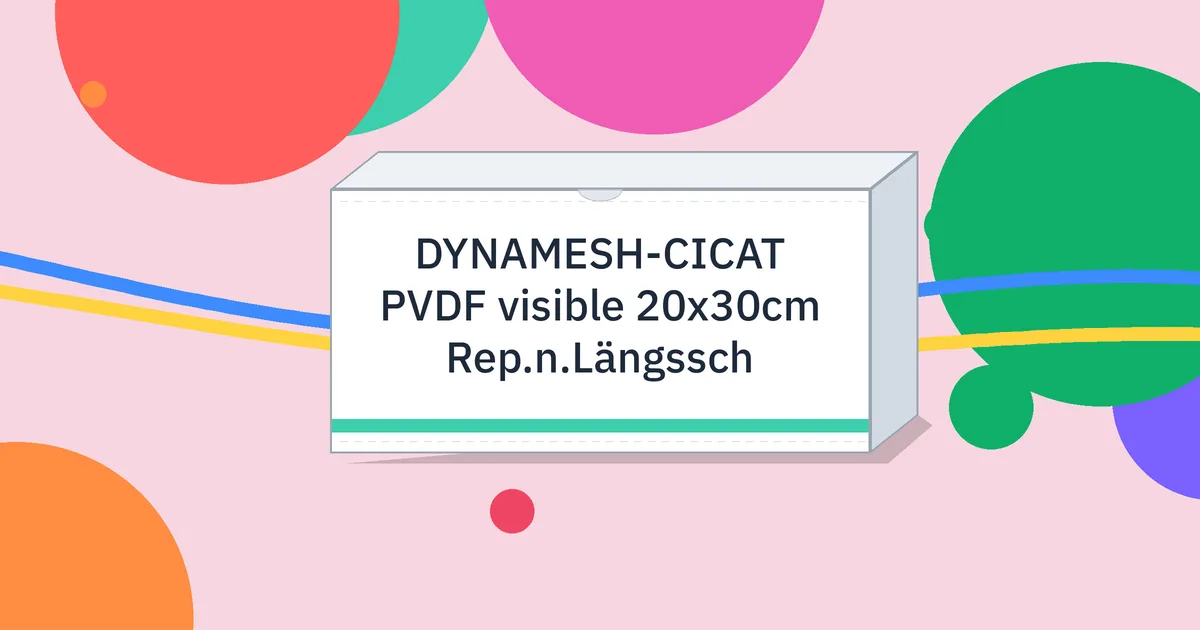 Symbolbild: Packung mit der Aufschrift DYNAMESH-CICAT PVDF visible 20x30cm Rep.n.Längssch (PZN 19389503) – Verfügbarkeit und Bezug in Apotheken in Frankfurt am Main