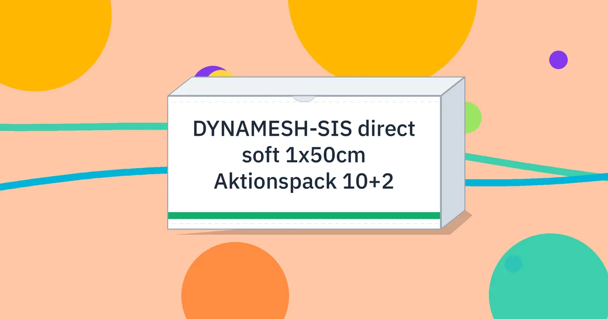 Symbolbild: Packung mit der Aufschrift DYNAMESH-SIS direct soft 1x50cm Aktionspack 10+2 (PZN 19390216) – Verfügbarkeit und Bezug in Apotheken in Frankfurt am Main