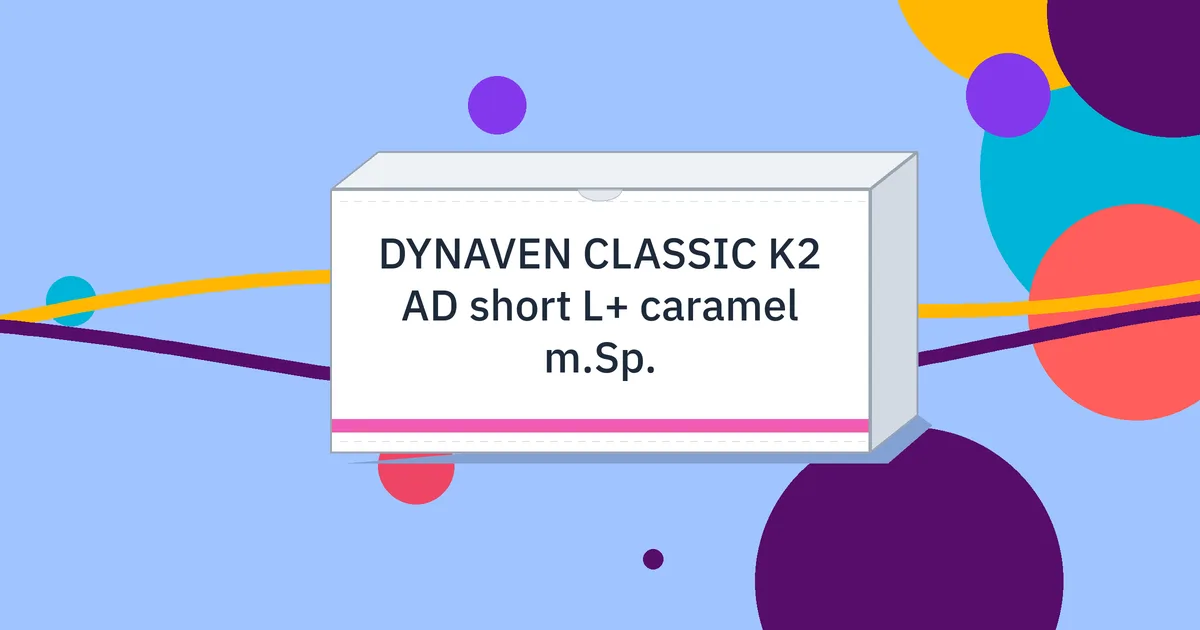 Symbolbild: Packung mit der Aufschrift DYNAVEN CLASSIC K2 AD short L+ caramel m.Sp. (PZN 18417893) – Verfügbarkeit und Bezug in Apotheken in Frankfurt am Main