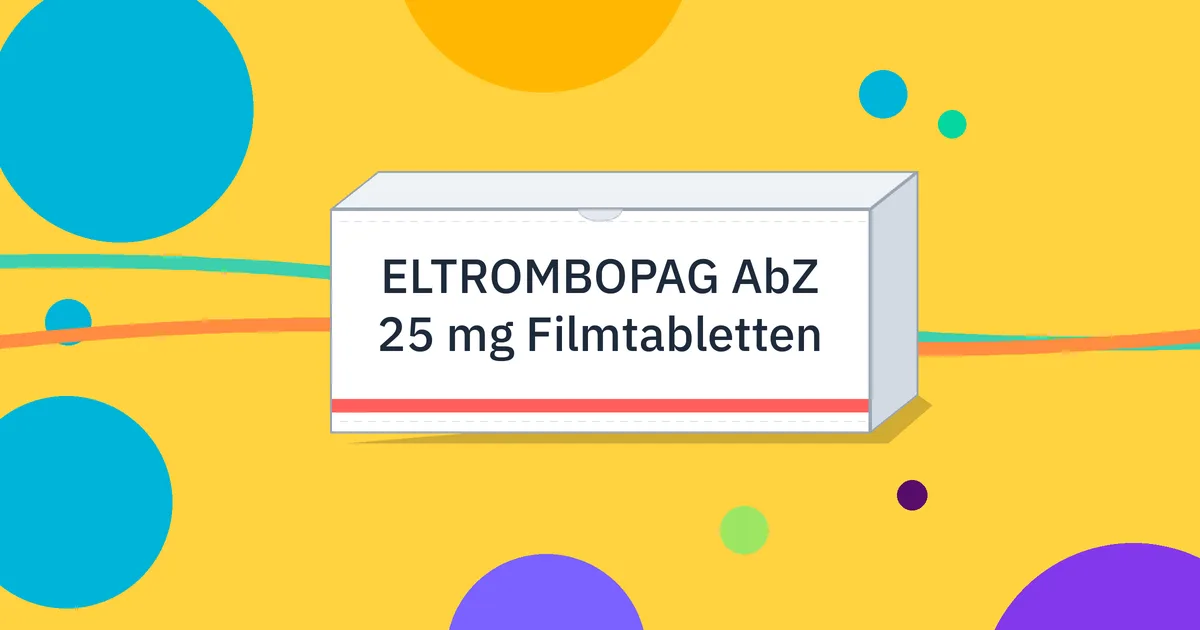 Symbolbild: Packung mit der Aufschrift ELTROMBOPAG AbZ 25 mg Filmtabletten (PZN 19806042) – Verfügbarkeit und Bezug in Apotheken in Frankfurt am Main