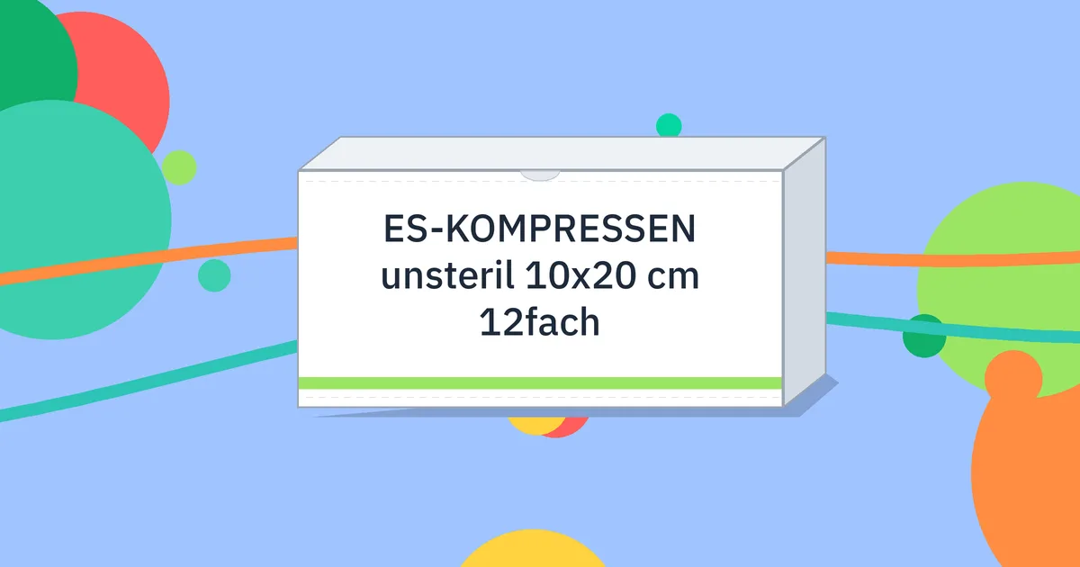 Symbolbild: Packung mit der Aufschrift ES-KOMPRESSEN unsteril 10x20 cm 12fach (PZN 15782238) – Verfügbarkeit und Bezug in Apotheken in Frankfurt am Main