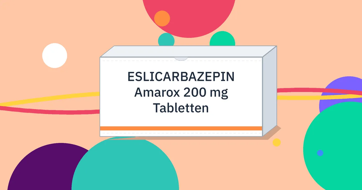 Symbolbild: Packung mit der Aufschrift ESLICARBAZEPIN Amarox 200 mg Tabletten (PZN 19155337) – Verfügbarkeit und Bezug in Apotheken in Frankfurt am Main