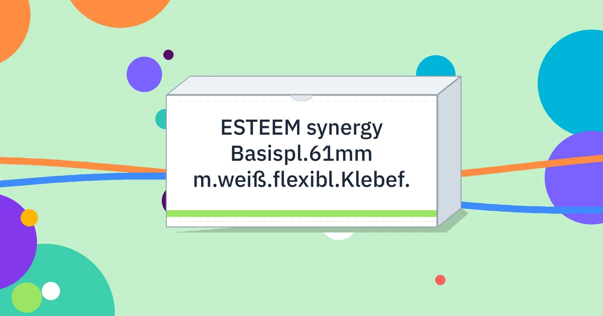 Symbolbild: Packung mit der Aufschrift ESTEEM synergy Basispl.61mm m.weiß.flexibl.Klebef. (PZN 02197828) – Verfügbarkeit und Bezug in Apotheken in Frankfurt am Main