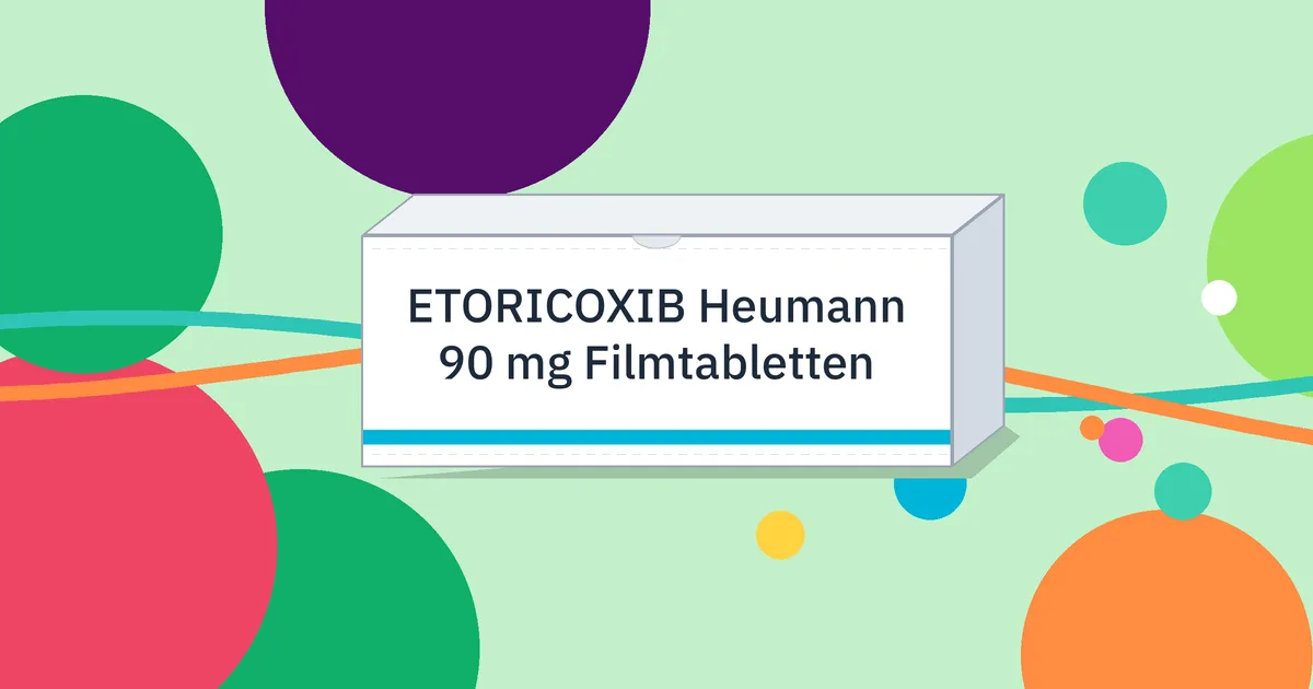 Symbolbild: Packung mit der Aufschrift ETORICOXIB Heumann 90 mg Filmtabletten (PZN 12545153) – Verfügbarkeit und Bezug in Apotheken in Frankfurt am Main