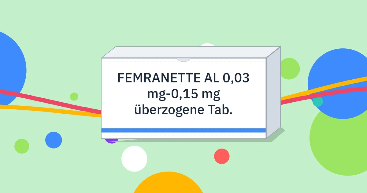 Symbolbild: Packung mit der Aufschrift FEMRANETTE AL 0,03 mg-0,15 mg überzogene Tab. (PZN 09512428) – Verfügbarkeit und Bezug in Apotheken in Frankfurt am Main