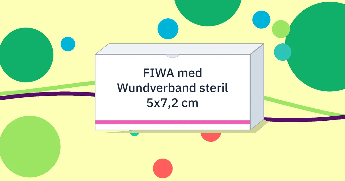 Symbolbild: Packung mit der Aufschrift FIWA med Wundverband steril 5x7,2 cm (PZN 19813214) – Verfügbarkeit und Bezug in Apotheken in Frankfurt am Main