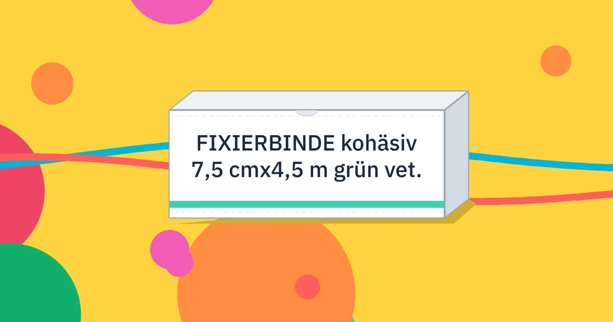 Symbolbild: Packung mit der Aufschrift FIXIERBINDE kohäsiv 7,5 cmx4,5 m grün vet. (PZN 18605169) – Verfügbarkeit und Bezug in Apotheken in Frankfurt am Main
