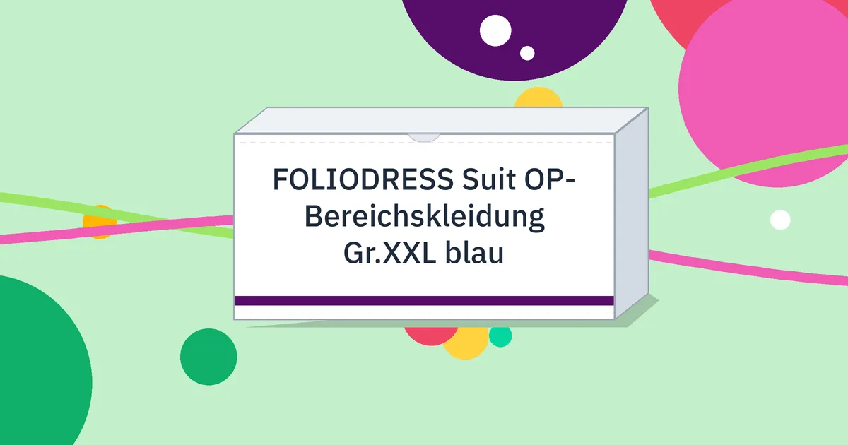 Symbolbild: Packung mit der Aufschrift FOLIODRESS Suit OP-Bereichskleidung Gr.XXL blau (PZN 00074671) – Verfügbarkeit und Bezug in Apotheken in Frankfurt am Main