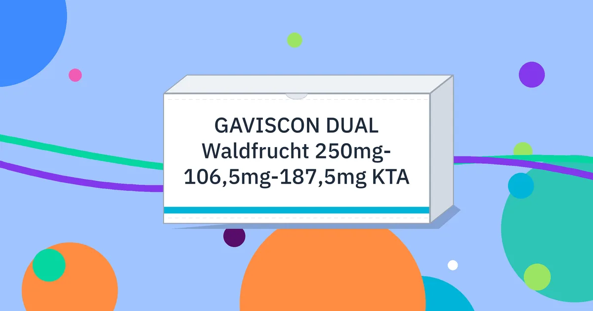 Symbolbild: Packung mit der Aufschrift GAVISCON DUAL Waldfrucht 250mg-106,5mg-187,5mg KTA (PZN 20033119) – Verfügbarkeit und Bezug in Apotheken in Frankfurt am Main