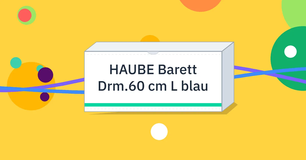 Symbolbild: Packung mit der Aufschrift HAUBE Barett Drm.60 cm L blau (PZN 01467993) – Verfügbarkeit und Bezug in Apotheken in Frankfurt am Main