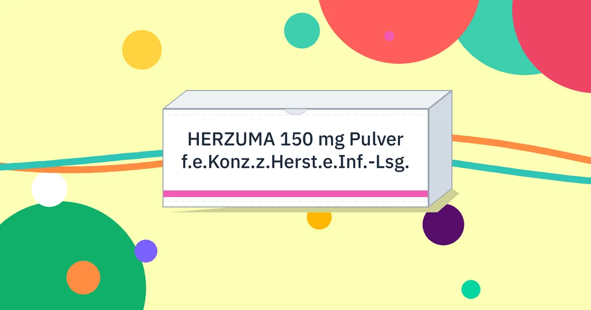 Symbolbild: Packung mit der Aufschrift HERZUMA 150 mg Pulver f.e.Konz.z.Herst.e.Inf.-Lsg. (PZN 16759537) – Verfügbarkeit und Bezug in Apotheken in Frankfurt am Main