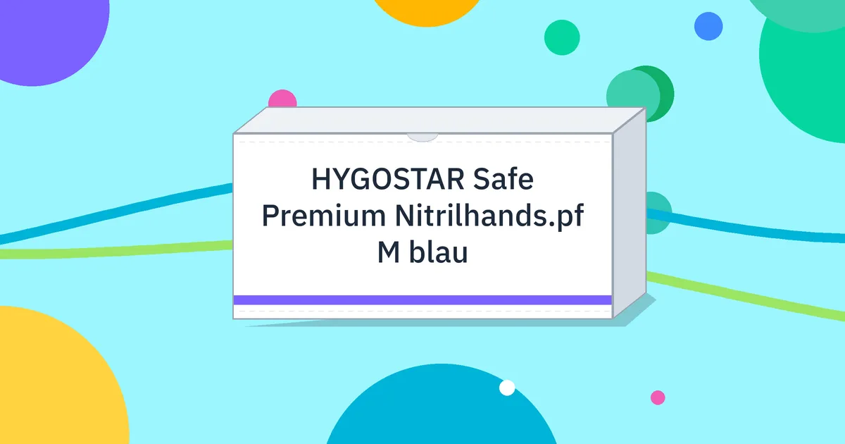 Symbolbild: Packung mit der Aufschrift HYGOSTAR Safe Premium Nitrilhands.pf M blau (PZN 20772012) – Verfügbarkeit und Bezug in Apotheken in Frankfurt am Main