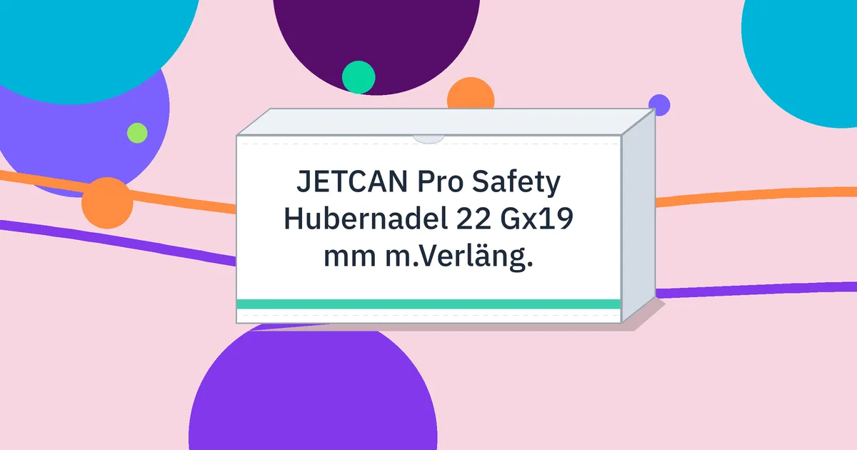 Symbolbild: Packung mit der Aufschrift JETCAN Pro Safety Hubernadel 22 Gx19 mm m.Verläng. (PZN 19421069) – Verfügbarkeit und Bezug in Apotheken in Frankfurt am Main