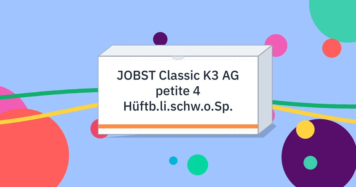 Symbolbild: Packung mit der Aufschrift JOBST Classic K3 AG petite 4 Hüftb.li.schw.o.Sp. (PZN 13074514) – Verfügbarkeit und Bezug in Apotheken in Frankfurt am Main