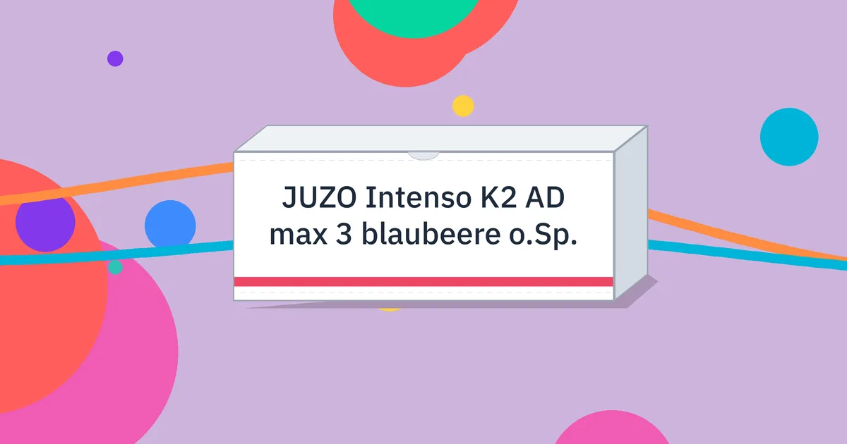 Symbolbild: Packung mit der Aufschrift JUZO Intenso K2 AD max 3 blaubeere o.Sp. (PZN 18619823) – Verfügbarkeit und Bezug in Apotheken in Frankfurt am Main