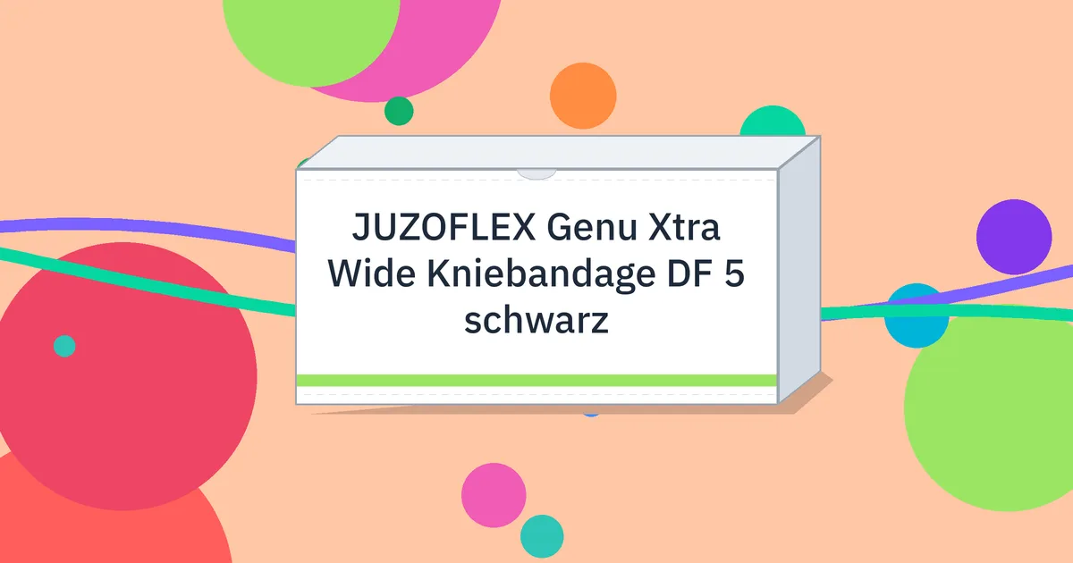 Symbolbild: Packung mit der Aufschrift JUZOFLEX Genu Xtra Wide Kniebandage DF 5 schwarz (PZN 16497729) – Verfügbarkeit und Bezug in Apotheken in Frankfurt am Main