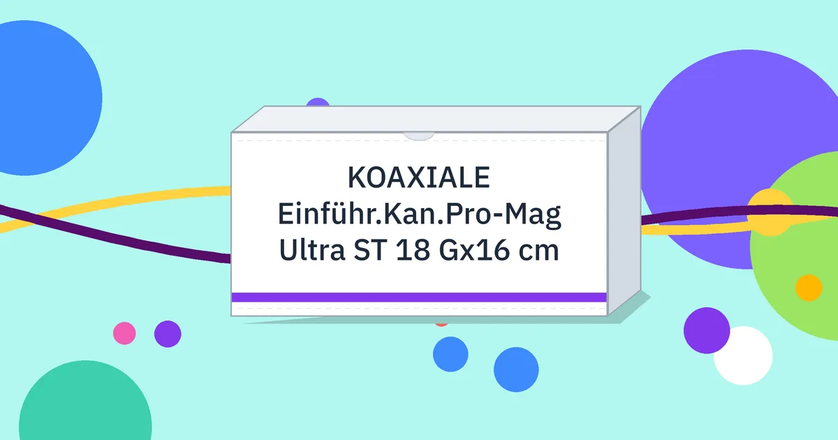 Symbolbild: Packung mit der Aufschrift KOAXIALE Einführ.Kan.Pro-Mag Ultra ST 18 Gx16 cm (PZN 05020243) – Verfügbarkeit und Bezug in Apotheken in Frankfurt am Main
