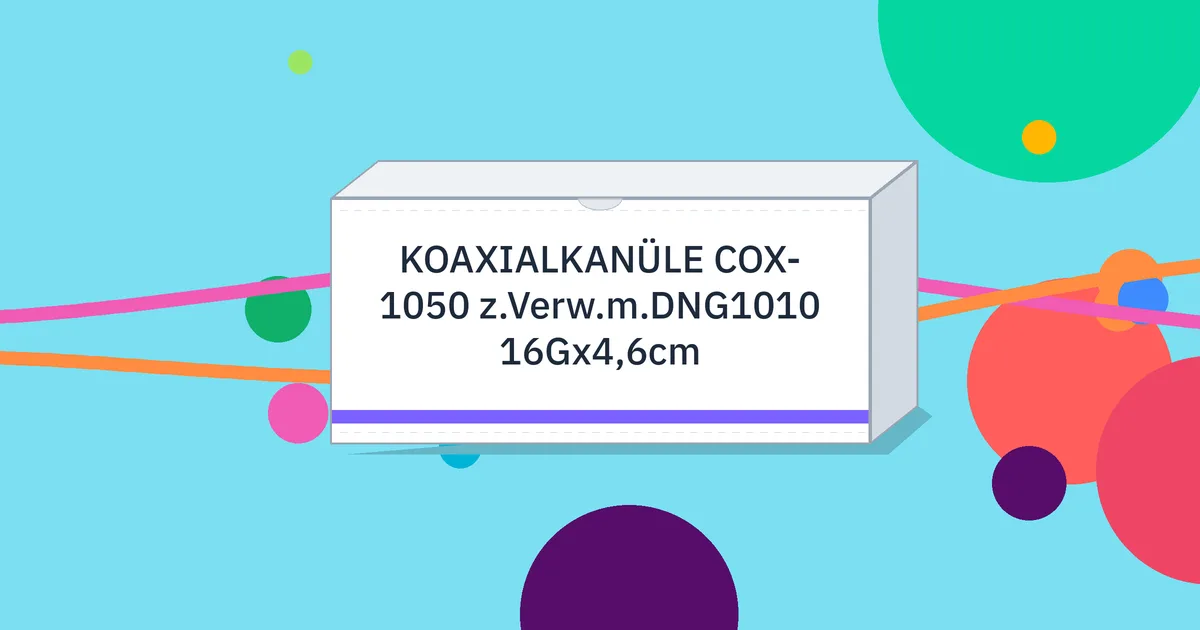Symbolbild: Packung mit der Aufschrift KOAXIALKANÜLE COX-1050 z.Verw.m.DNG1010 16Gx4,6cm (PZN 00283943) – Verfügbarkeit und Bezug in Apotheken in Frankfurt am Main
