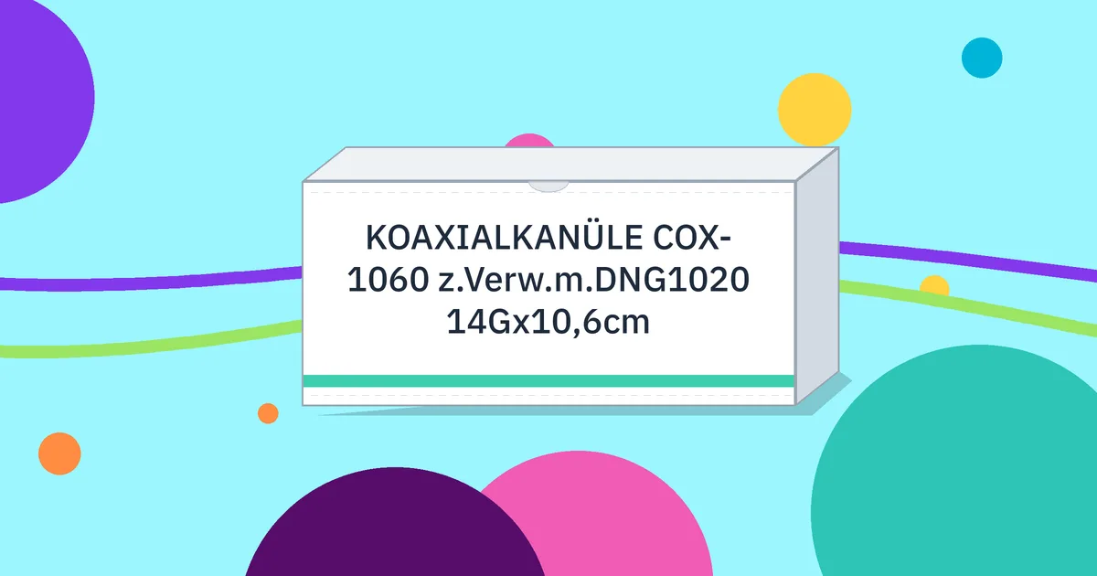 Symbolbild: Packung mit der Aufschrift KOAXIALKANÜLE COX-1060 z.Verw.m.DNG1020 14Gx10,6cm (PZN 00284351) – Verfügbarkeit und Bezug in Apotheken in Frankfurt am Main