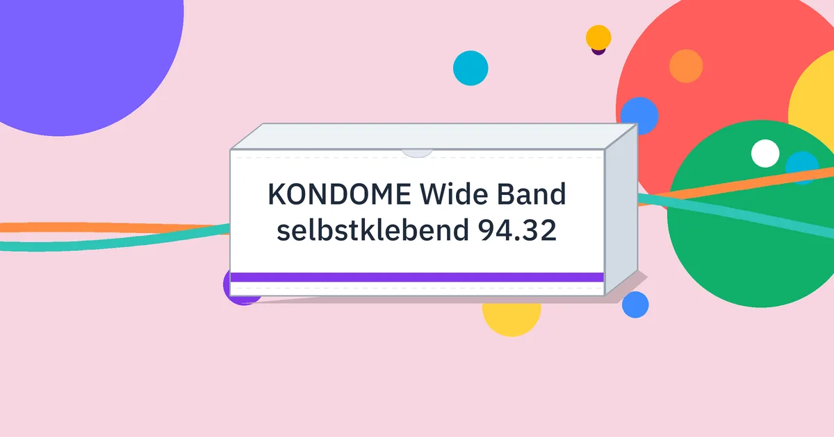 Symbolbild: Packung mit der Aufschrift KONDOME Wide Band selbstklebend 94.32 (PZN 07235261) – Verfügbarkeit und Bezug in Apotheken in Frankfurt am Main