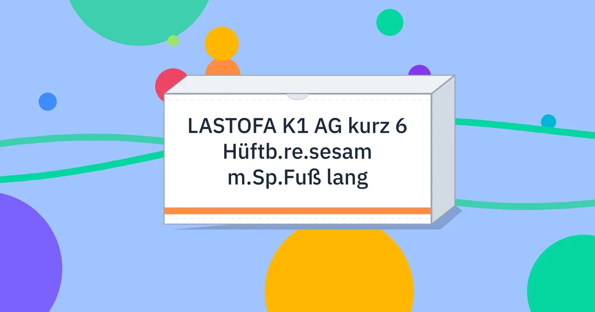 Symbolbild: Packung mit der Aufschrift LASTOFA K1 AG kurz 6 Hüftb.re.sesam m.Sp.Fuß lang (PZN 13799252) – Verfügbarkeit und Bezug in Apotheken in Frankfurt am Main