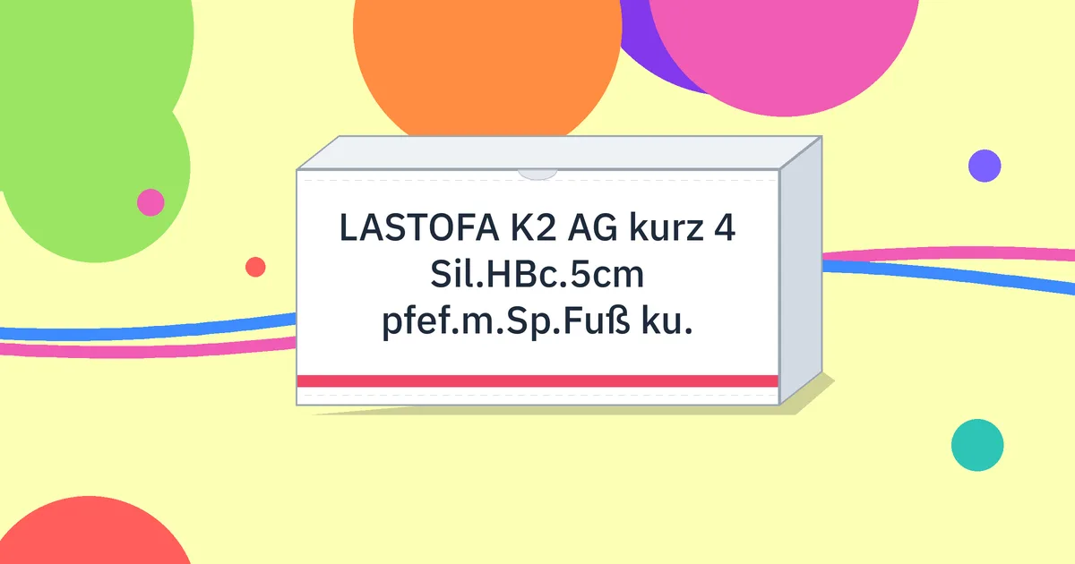 Symbolbild: Packung mit der Aufschrift LASTOFA K2 AG kurz 4 Sil.HBc.5cm pfef.m.Sp.Fuß ku. (PZN 13805886) – Verfügbarkeit und Bezug in Apotheken in Frankfurt am Main