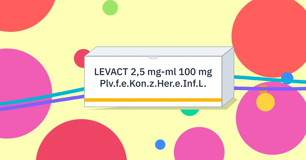 Symbolbild: Packung mit der Aufschrift LEVACT 2,5 mg-ml 100 mg Plv.f.e.Kon.z.Her.e.Inf.L. (PZN 09083140) – Verfügbarkeit und Bezug in Apotheken in Frankfurt am Main