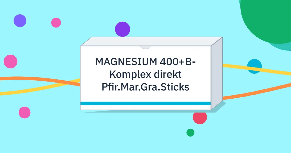 Symbolbild: Packung mit der Aufschrift MAGNESIUM 400+B-Komplex direkt Pfir.Mar.Gra.Sticks (PZN 18769310) – Verfügbarkeit und Bezug in Apotheken in Frankfurt am Main