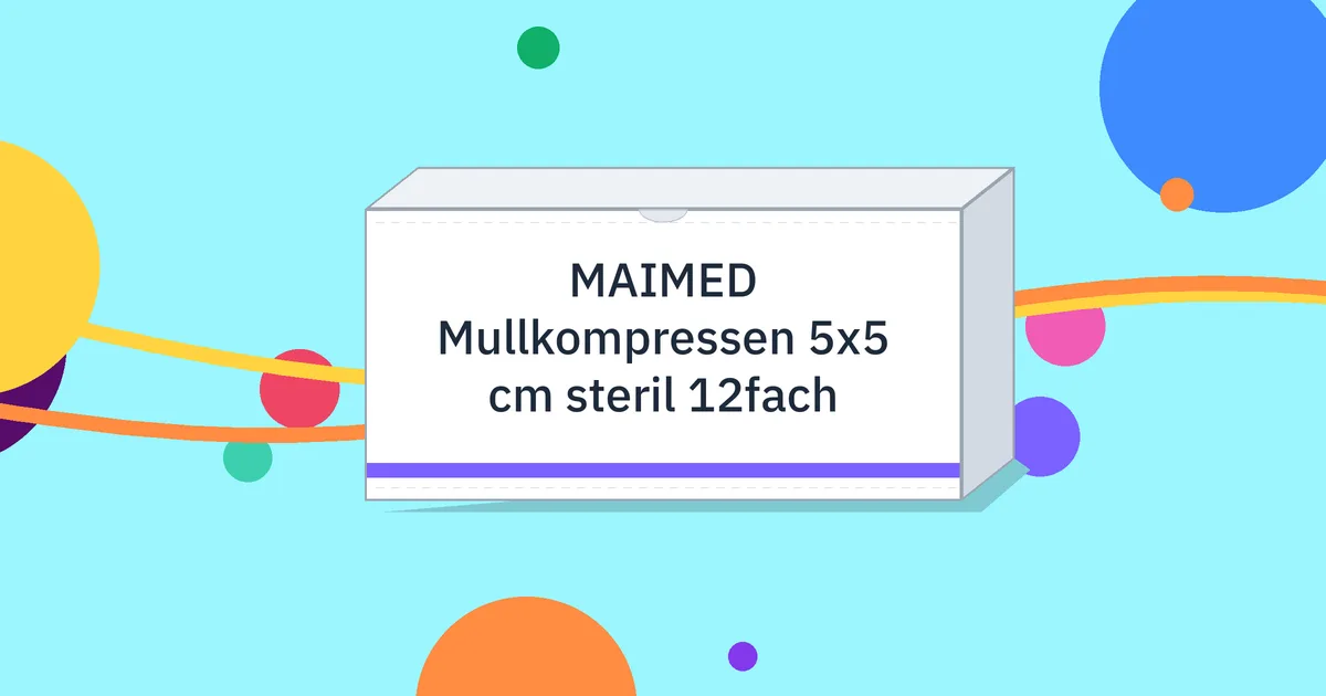 Symbolbild: Packung mit der Aufschrift MAIMED Mullkompressen 5x5 cm steril 12fach (PZN 01227007) – Verfügbarkeit und Bezug in Apotheken in Frankfurt am Main