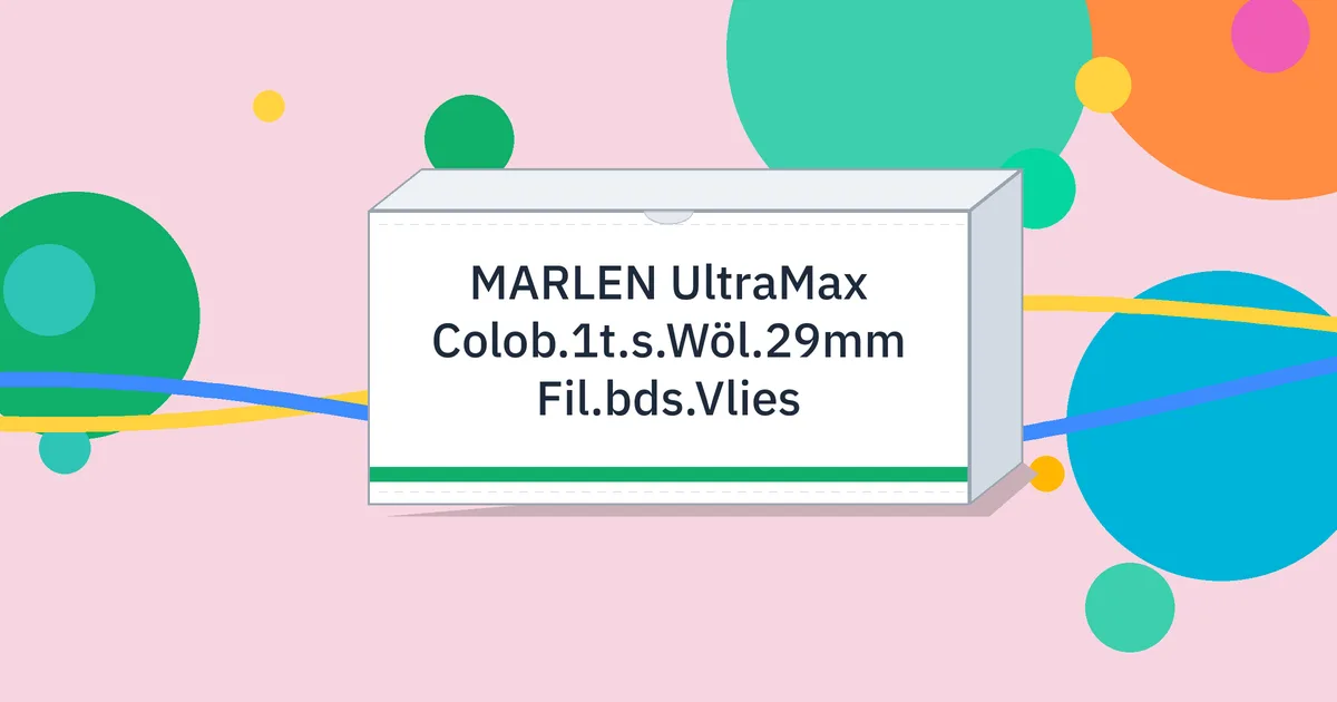 Symbolbild: Packung mit der Aufschrift MARLEN UltraMax Colob.1t.s.Wöl.29mm Fil.bds.Vlies (PZN 03293221) – Verfügbarkeit und Bezug in Apotheken in Frankfurt am Main