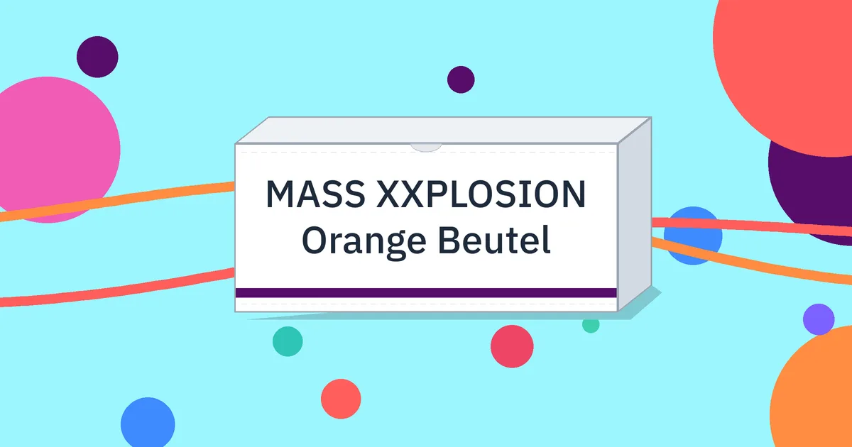 Symbolbild: Packung mit der Aufschrift MASS XXPLOSION Orange Beutel (PZN 00008243) – Verfügbarkeit und Bezug in Apotheken in Frankfurt am Main