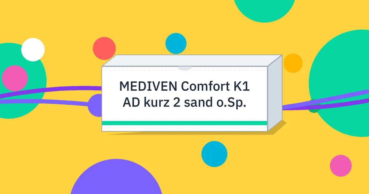 Symbolbild: Packung mit der Aufschrift MEDIVEN Comfort K1 AD kurz 2 sand o.Sp. (PZN 19005922) – Verfügbarkeit und Bezug in Apotheken in Frankfurt am Main
