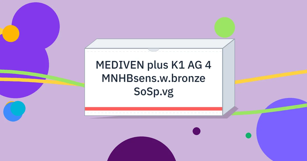 Symbolbild: Packung mit der Aufschrift MEDIVEN plus K1 AG 4 MNHBsens.w.bronze SoSp.vg (PZN 15919105) – Verfügbarkeit und Bezug in Apotheken in Frankfurt am Main