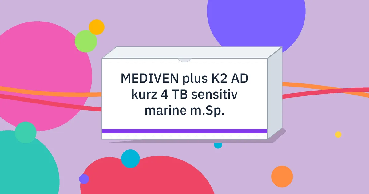 Symbolbild: Packung mit der Aufschrift MEDIVEN plus K2 AD kurz 4 TB sensitiv marine m.Sp. (PZN 15105696) – Verfügbarkeit und Bezug in Apotheken in Frankfurt am Main