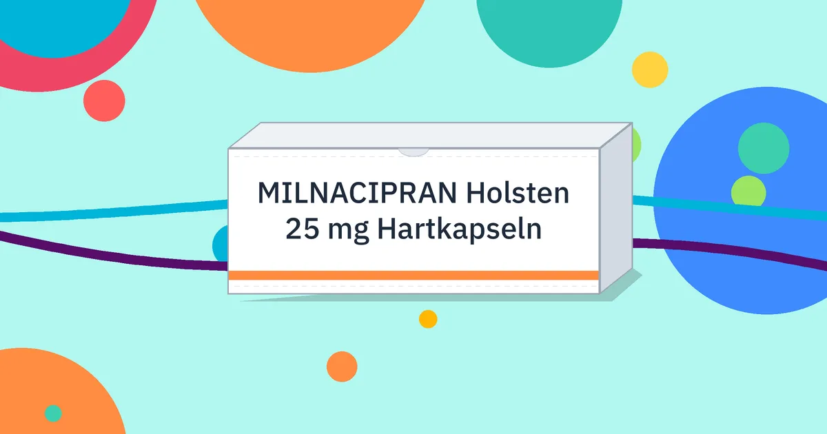 Symbolbild: Packung mit der Aufschrift MILNACIPRAN Holsten 25 mg Hartkapseln (PZN 15579448) – Verfügbarkeit und Bezug in Apotheken in Frankfurt am Main