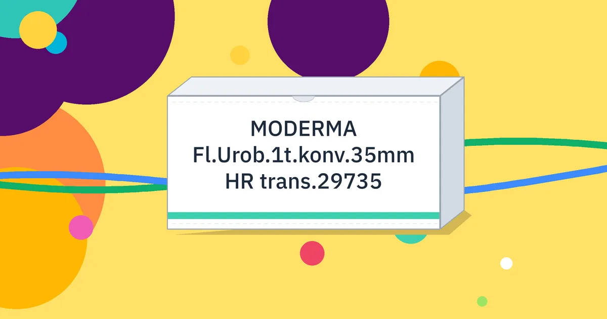 Symbolbild: Packung mit der Aufschrift MODERMA Fl.Urob.1t.konv.35mm HR trans.29735 (PZN 01458853) – Verfügbarkeit und Bezug in Apotheken in Frankfurt am Main