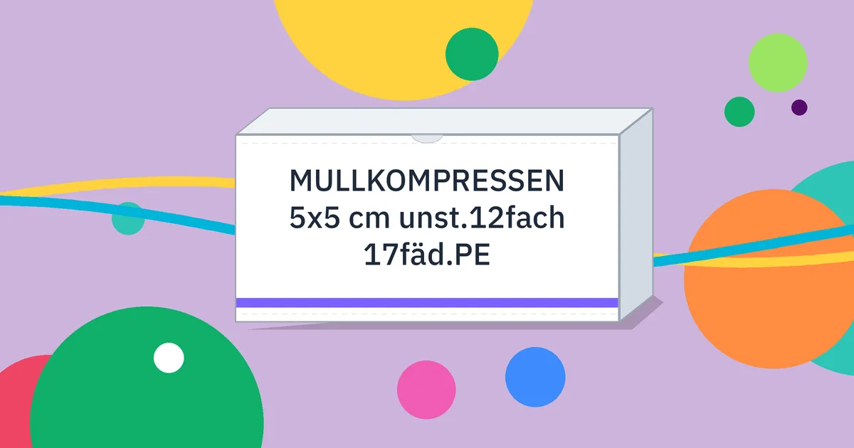Symbolbild: Packung mit der Aufschrift MULLKOMPRESSEN 5x5 cm unst.12fach 17fäd.PE (PZN 06928565) – Verfügbarkeit und Bezug in Apotheken in Frankfurt am Main