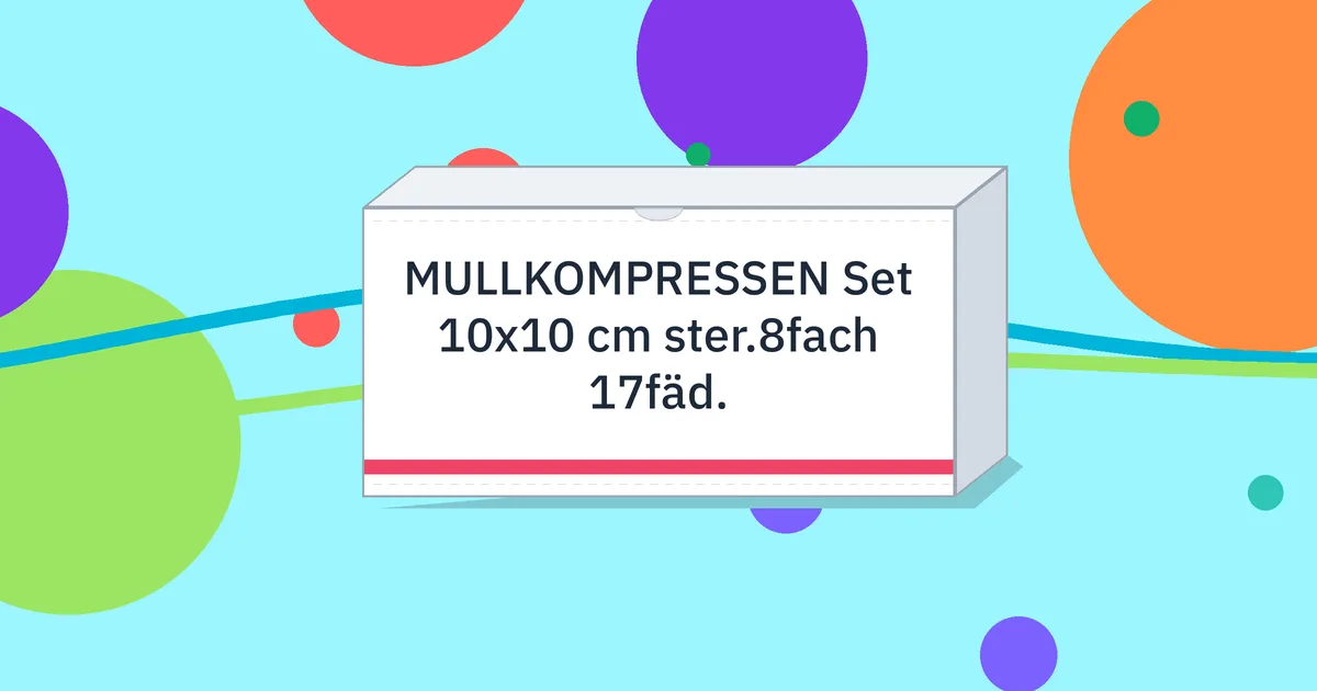 Symbolbild: Packung mit der Aufschrift MULLKOMPRESSEN Set 10x10 cm ster.8fach 17fäd. (PZN 06929665) – Verfügbarkeit und Bezug in Apotheken in Frankfurt am Main