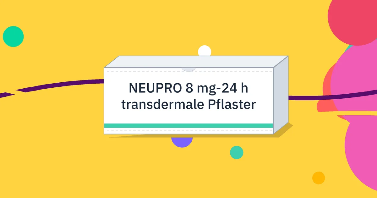 Symbolbild: Packung mit der Aufschrift NEUPRO 8 mg-24 h transdermale Pflaster (PZN 10355514) – Verfügbarkeit und Bezug in Apotheken in Frankfurt am Main