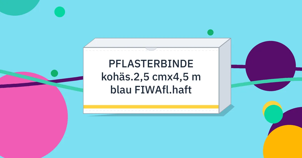 Symbolbild: Packung mit der Aufschrift PFLASTERBINDE kohäs.2,5 cmx4,5 m blau FIWAfl.haft (PZN 12144750) – Verfügbarkeit und Bezug in Apotheken in Frankfurt am Main
