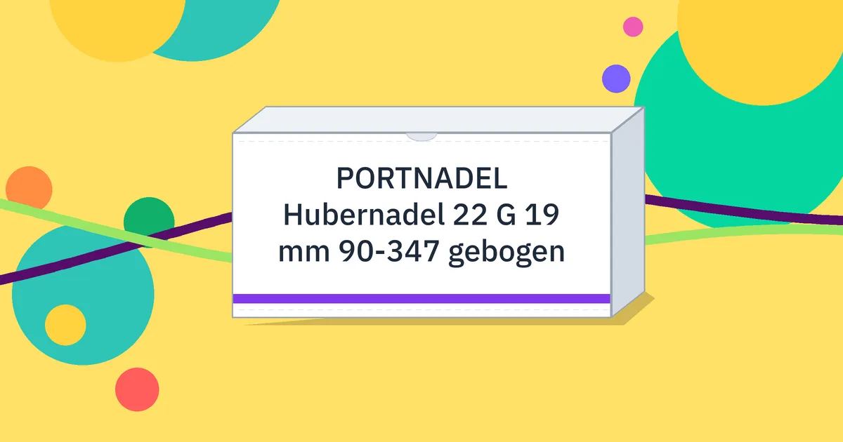 Symbolbild: Packung mit der Aufschrift PORTNADEL Hubernadel 22 G 19 mm 90-347 gebogen (PZN 02756883) – Verfügbarkeit und Bezug in Apotheken in Frankfurt am Main