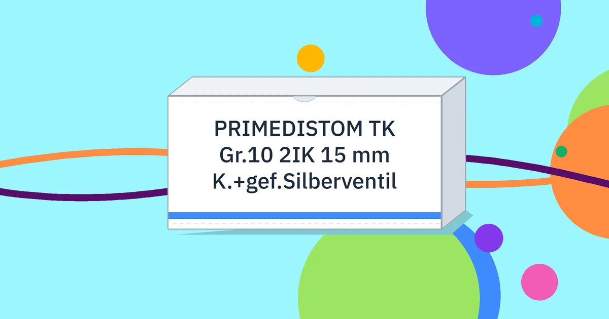 Symbolbild: Packung mit der Aufschrift PRIMEDISTOM TK Gr.10 2IK 15 mm K.+gef.Silberventil (PZN 10230126) – Verfügbarkeit und Bezug in Apotheken in Frankfurt am Main