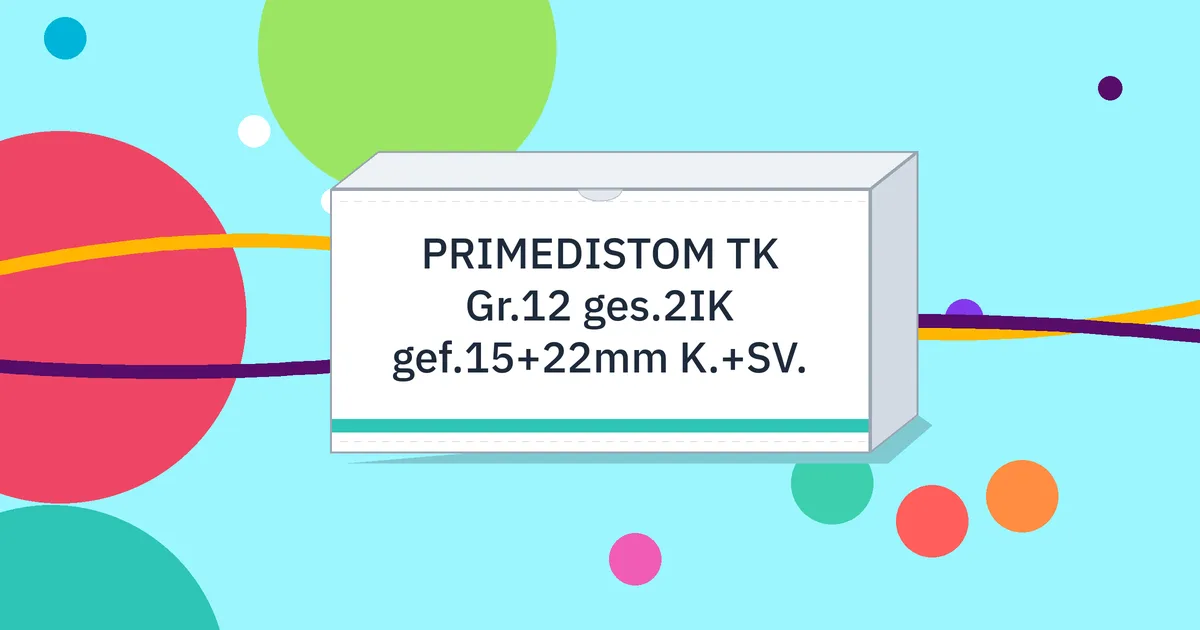 Symbolbild: Packung mit der Aufschrift PRIMEDISTOM TK Gr.12 ges.2IK gef.15+22mm K.+SV. (PZN 10928401) – Verfügbarkeit und Bezug in Apotheken in Frankfurt am Main
